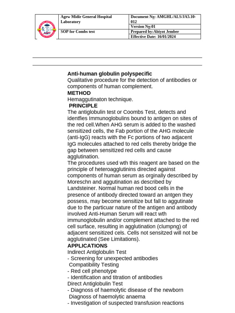 2.SOP for AHG-1 | PDF | Immunology | Medical Specialties
