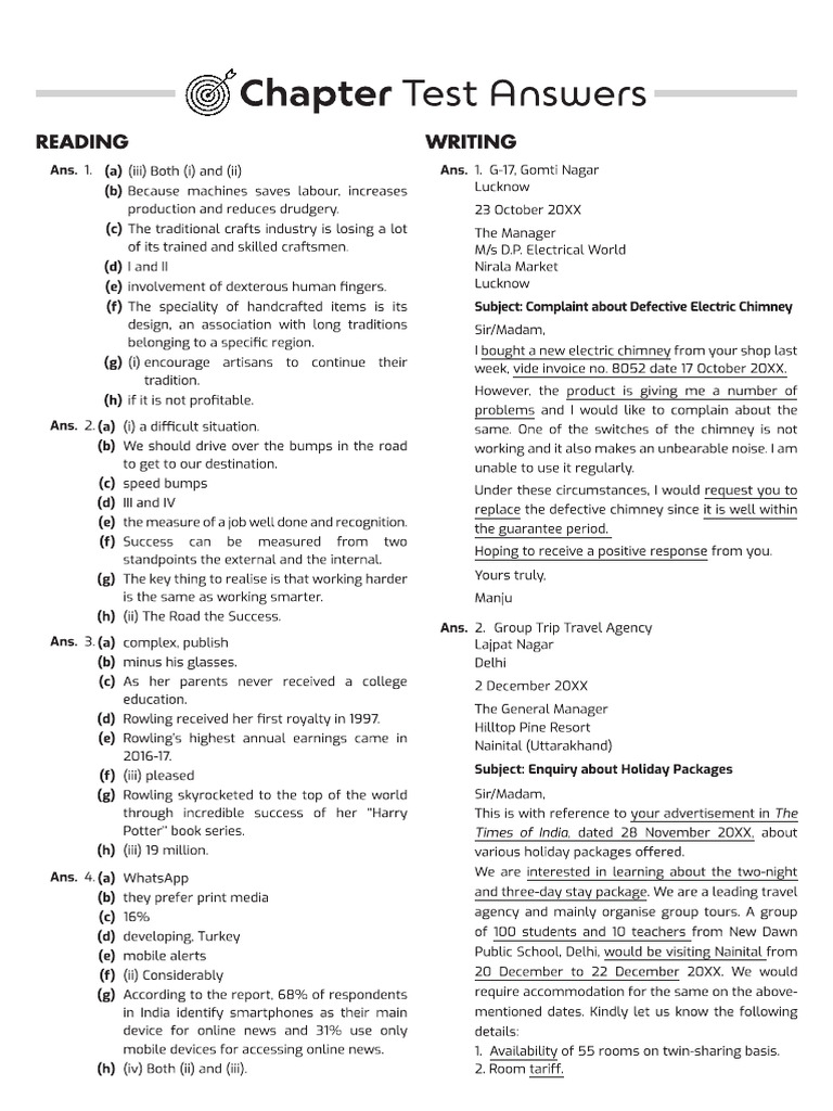 English Class 10 Chapter Test Answers (1) | PDF