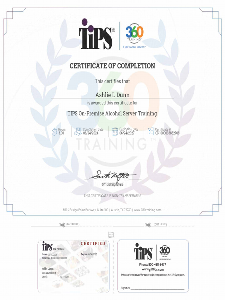 TIPS On-Premise Alcohol Training Certificate | PDF