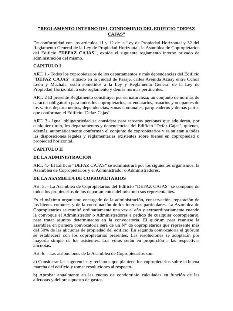 Reglamento Interno Del Condominio Del Edificio | PDF | Condominio | Regulación