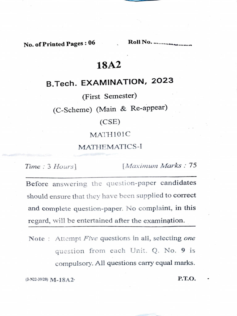 Maths MATH101C CSE 2022-23 | PDF | Matrix (Mathematics) | Operator Theory