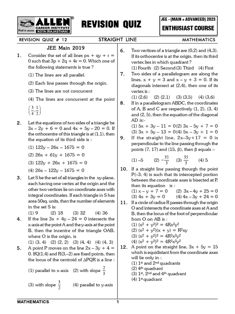 01 # Revision Quiz# 12 (Straight Line) Paper | PDF | Triangle ...
