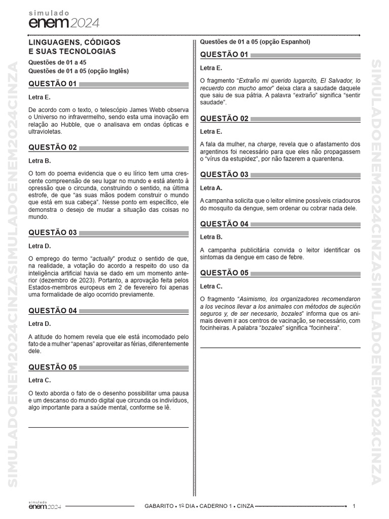 2024 Simulado Enem 4 1o Dia LC CH Gabarito | PDF