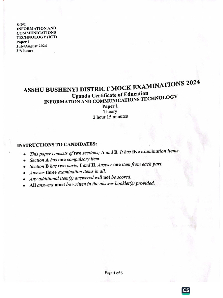 ASSHU BUSHENYI MOCK UCE ICT P1 PAST PAPER 2024 | PDF