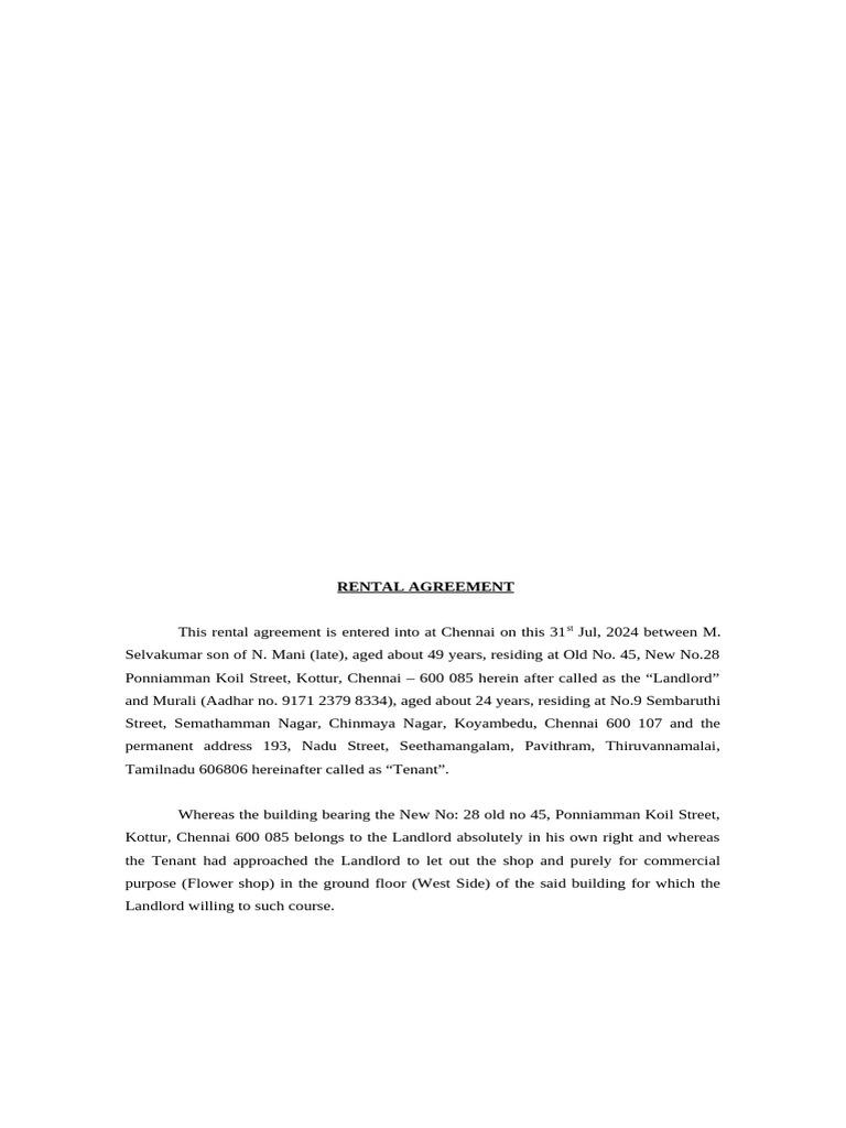 Murali Agreement 1st Aug 2024 To 30th Jun 2025 | PDF | Leasehold Estate | Landlord