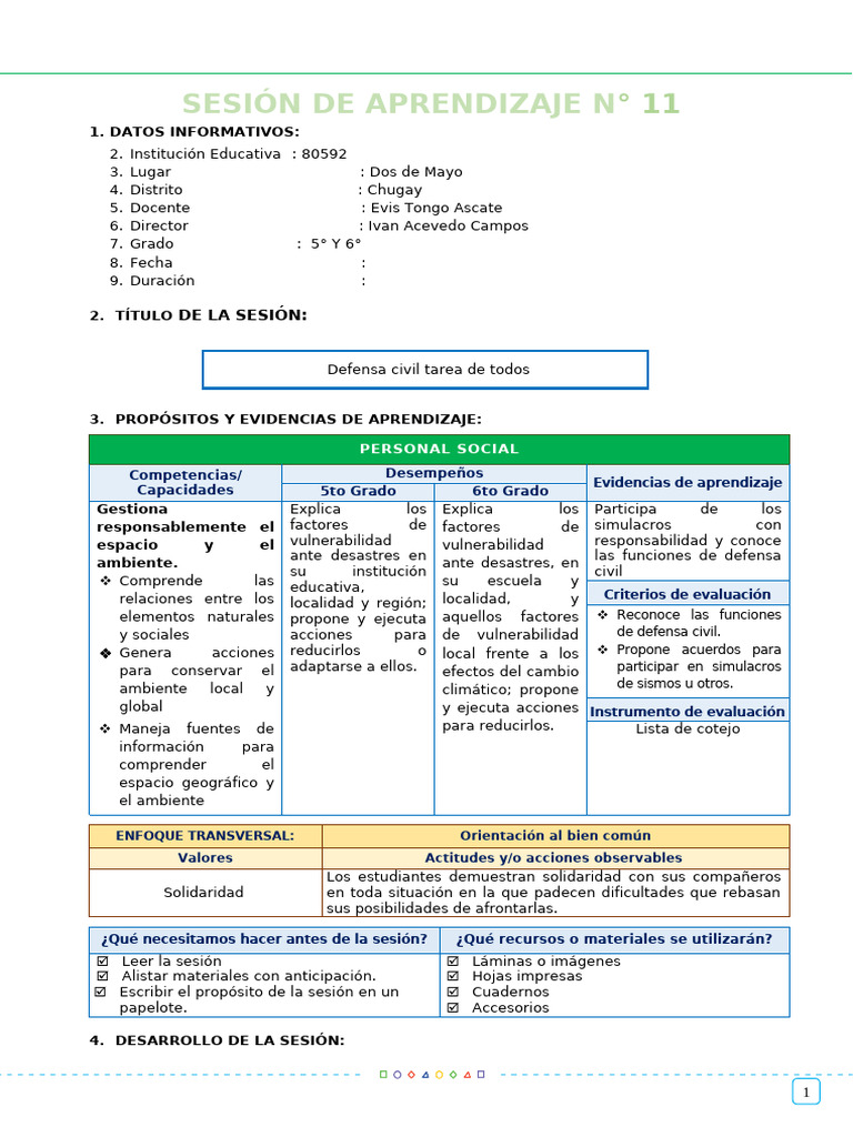 1.- Sesiones de aprendizaje - EDA VII JOHNNY TONGO ASCATE | PDF | Evaluación | Defensa Civil