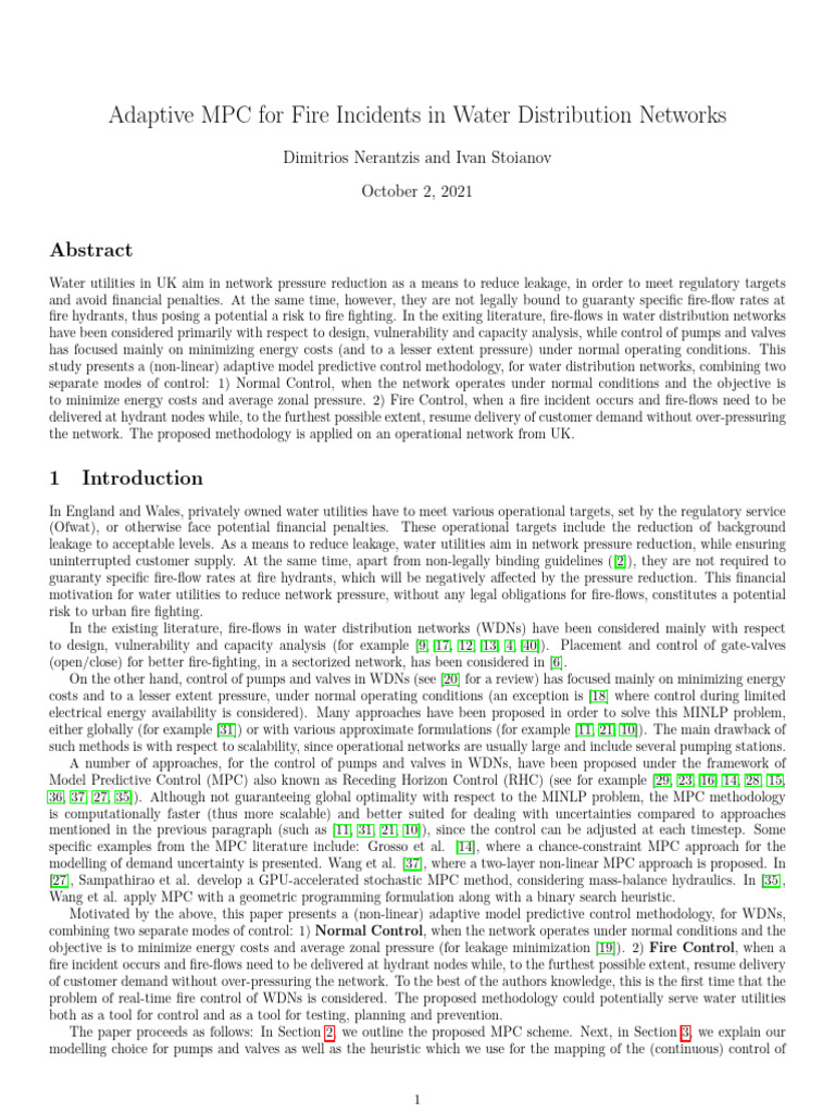 Adaptive MPC for Fire Incidents in Water Distribution Networks | PDF