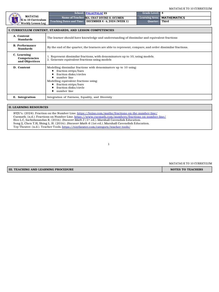 DLL Matatag - Math 4 Q3 W1 | PDF | Cognition | Mathematics