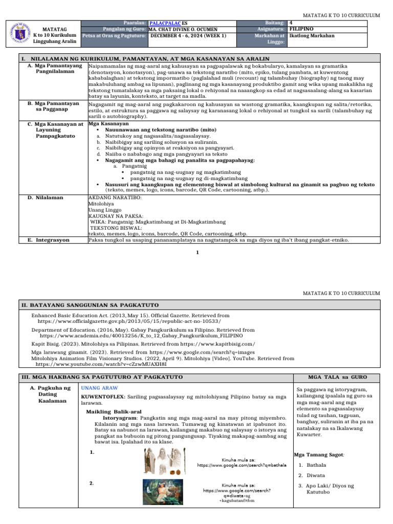 DLL Matatag - Filipino 4 q3 w1 | PDF