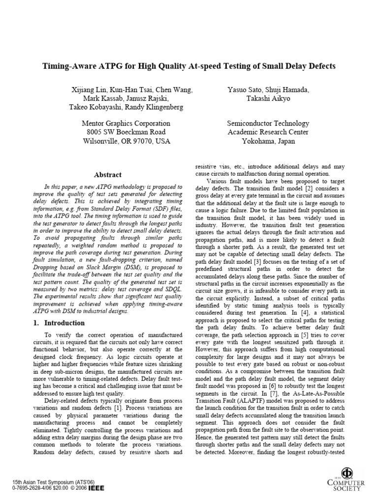 Timing Aware Atpg For High Quality At Speed Testing Of Small Delay Defects Pdf