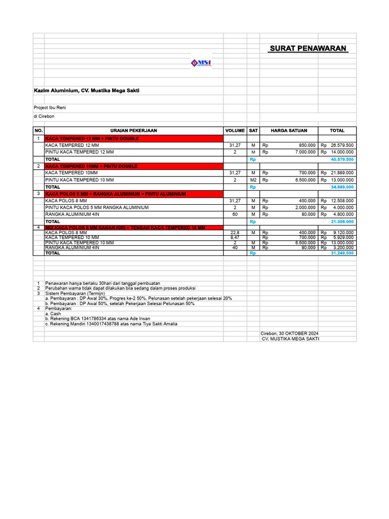 Surat Penawaran Kaca Tempered Project Ibu Reni | PDF