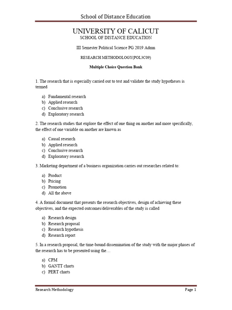 Research Methodology MCQ Bank | PDF | Hypothesis | Null Hypothesis