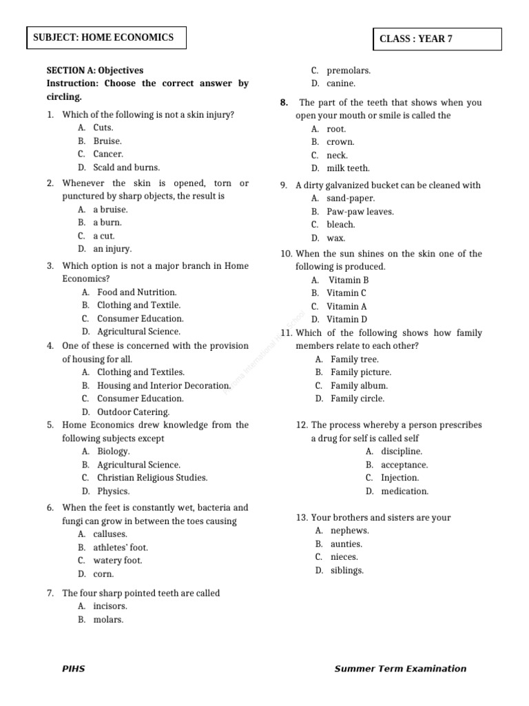 Home Economics Exam Questions for Year 7 | PDF | Family | Polygamy