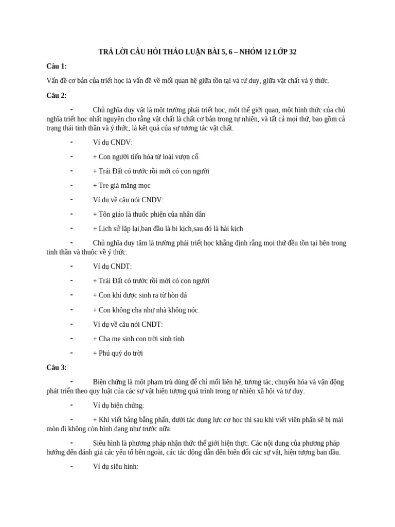 NHÓM 13 LỚP 32_TRẢ LỜI CÂU HỎI THẢO LUẬN BÀI 5&6 | PDF