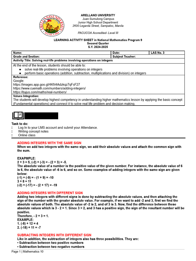 NMP Las #3 (Operations On Integers) | PDF | Division (Mathematics ...