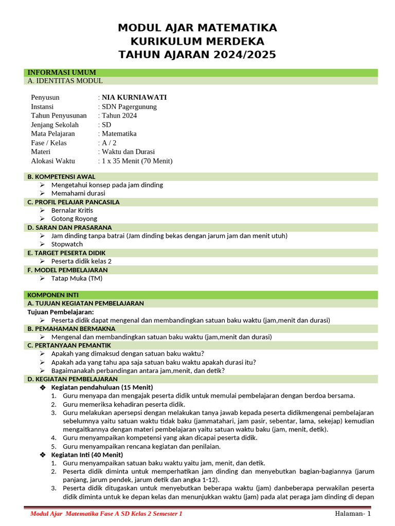RPP Matematika Kelas 2 Semester 1 Kurikulum Merdeka | PDF