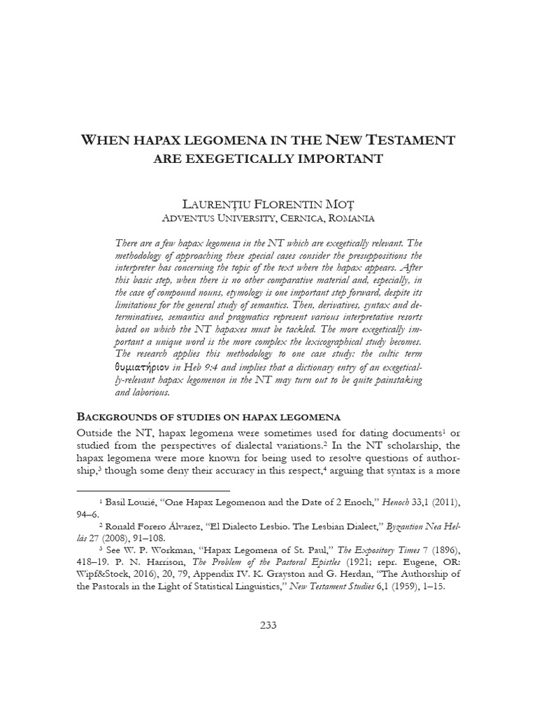 Laurentiu 2019 When Hapax Legomena Are Exegetically Important | PDF | Linguistics