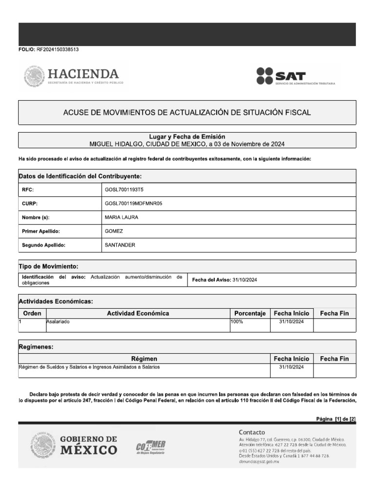 Acuse Cambio de Regimen | PDF