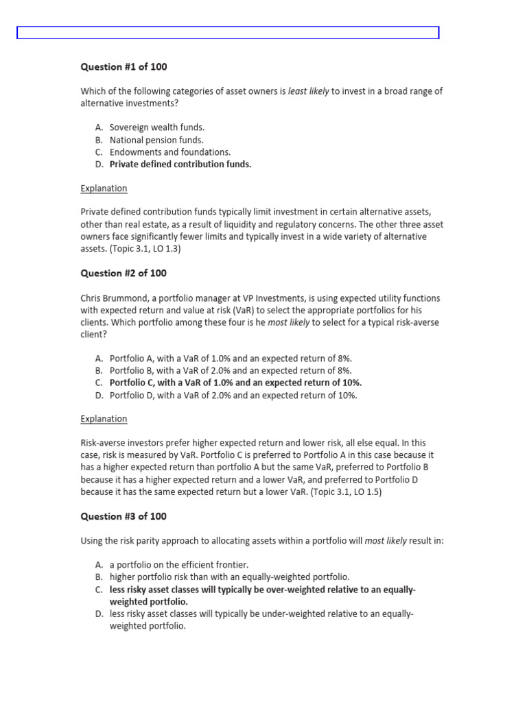 CAIA Level II Exam 1 Section 1 - Answers | PDF | Asset Allocation ...