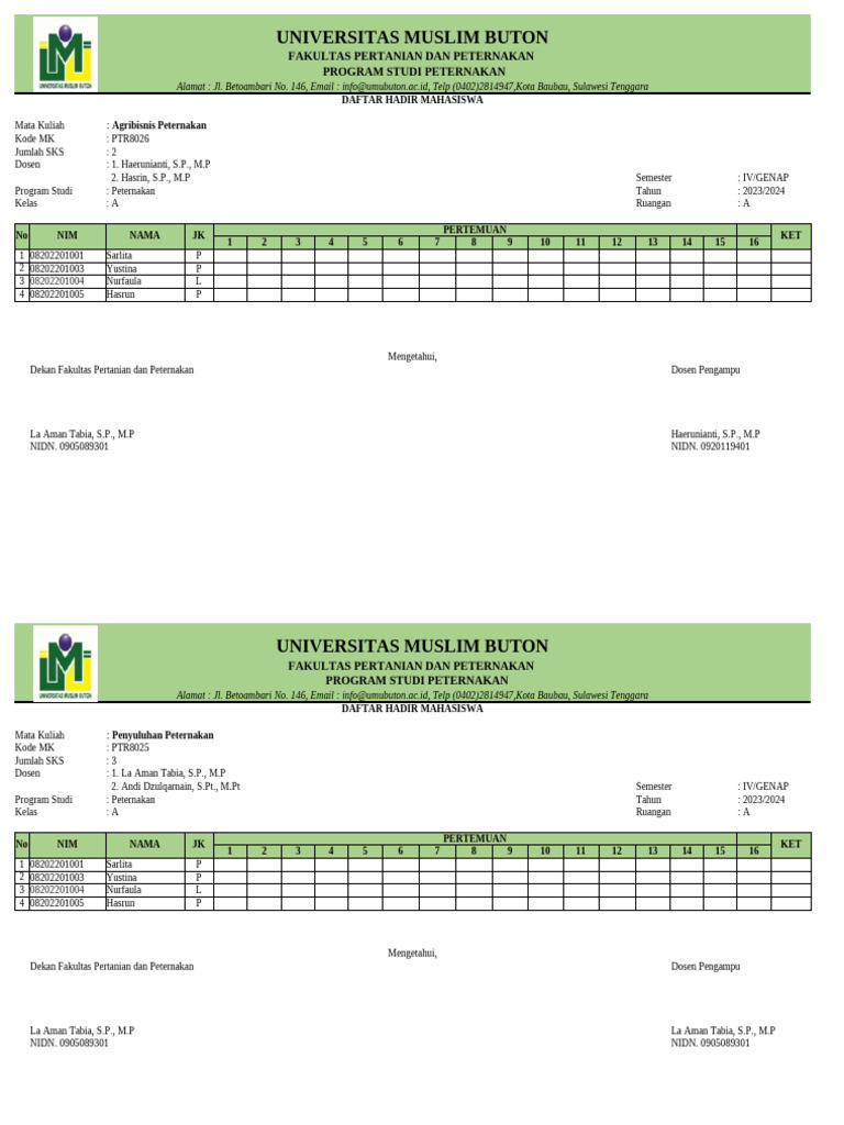 Absen Angkatan Ke 4 Prodi Peternakan Semester IV Genap Fix | PDF