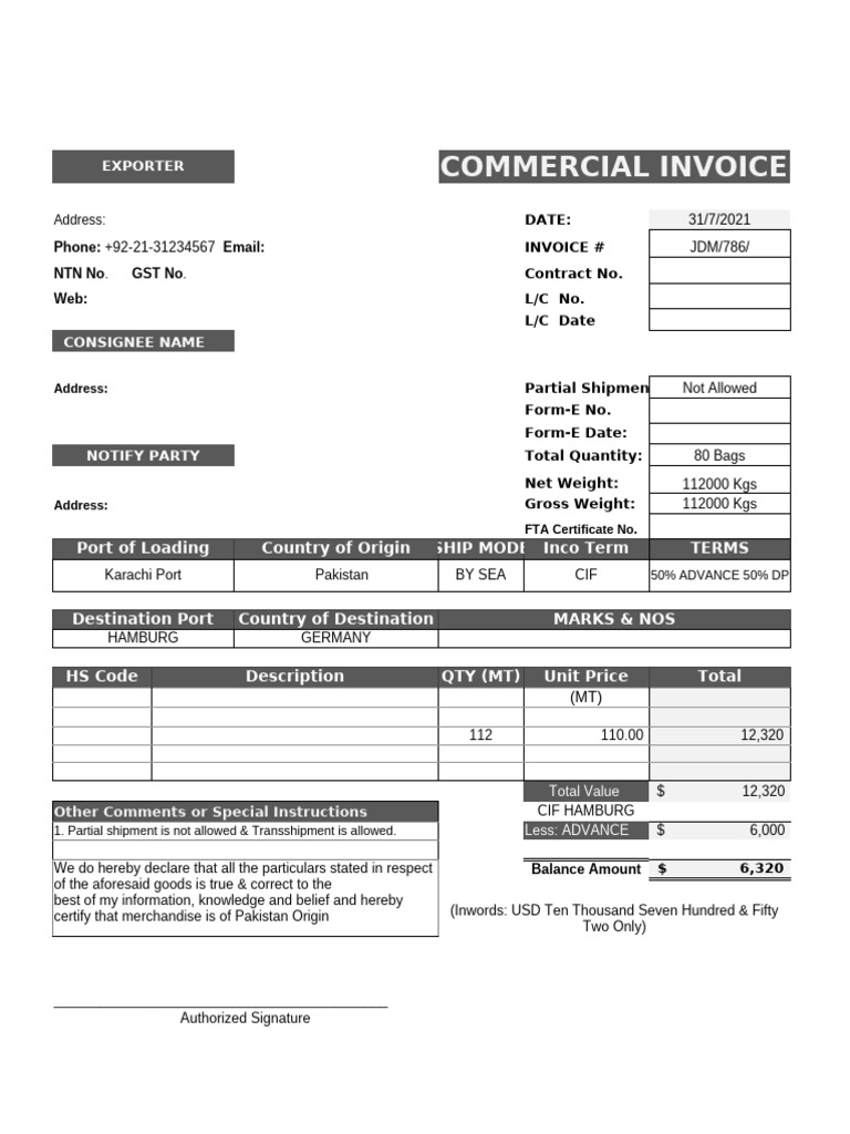 Export Commercial Invoice Format | PDF | Freight Transport