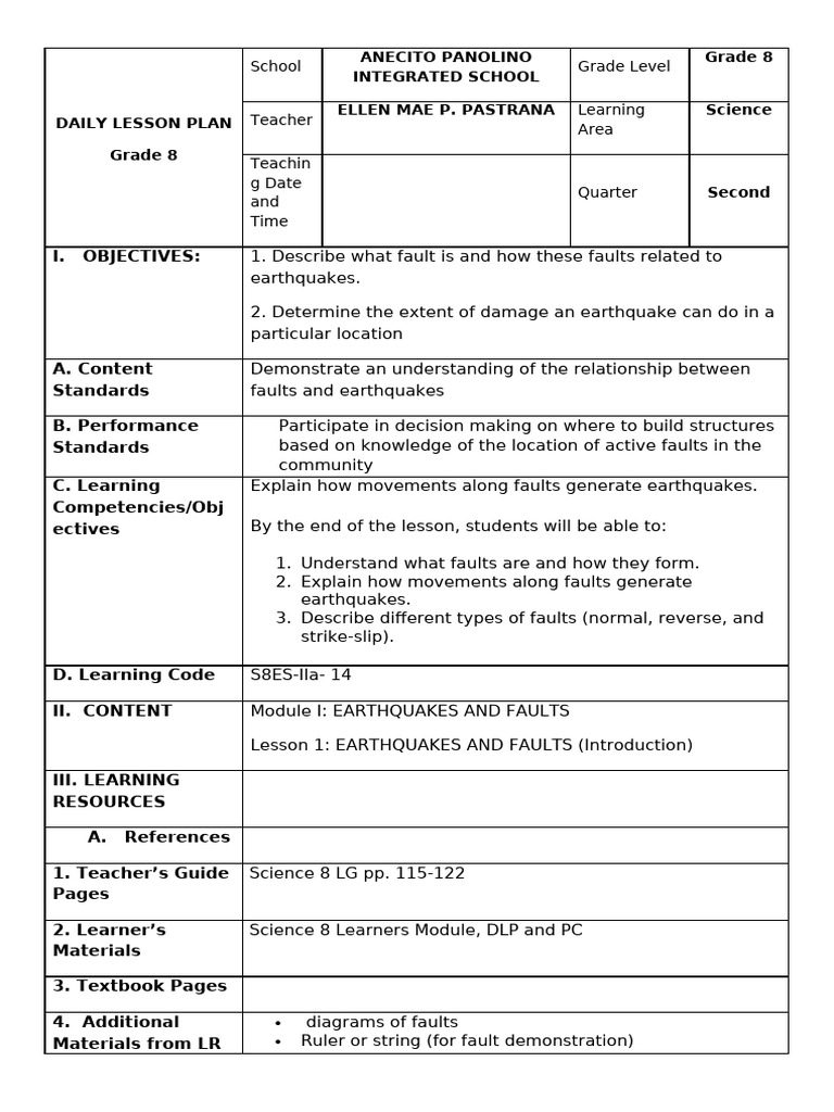 DAILY LESSON PLAN | PDF | Earthquakes | Fault (Geology)