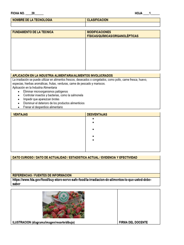 Ficha Técnica de Tecnologías de Conservación Final 2 | PDF | Alimentos | Radiación