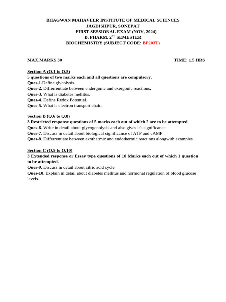 biochemistry 1st sessional | PDF