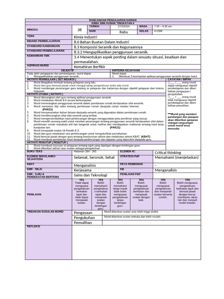 M42 RPH Kimia Tingkatan 4 2024-2025 by Cikgu Gorgeous | PDF