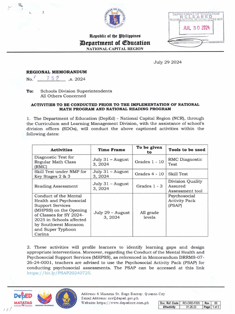RM No. 752 S. 2024 Activities To Be Conducted Prior To The ...