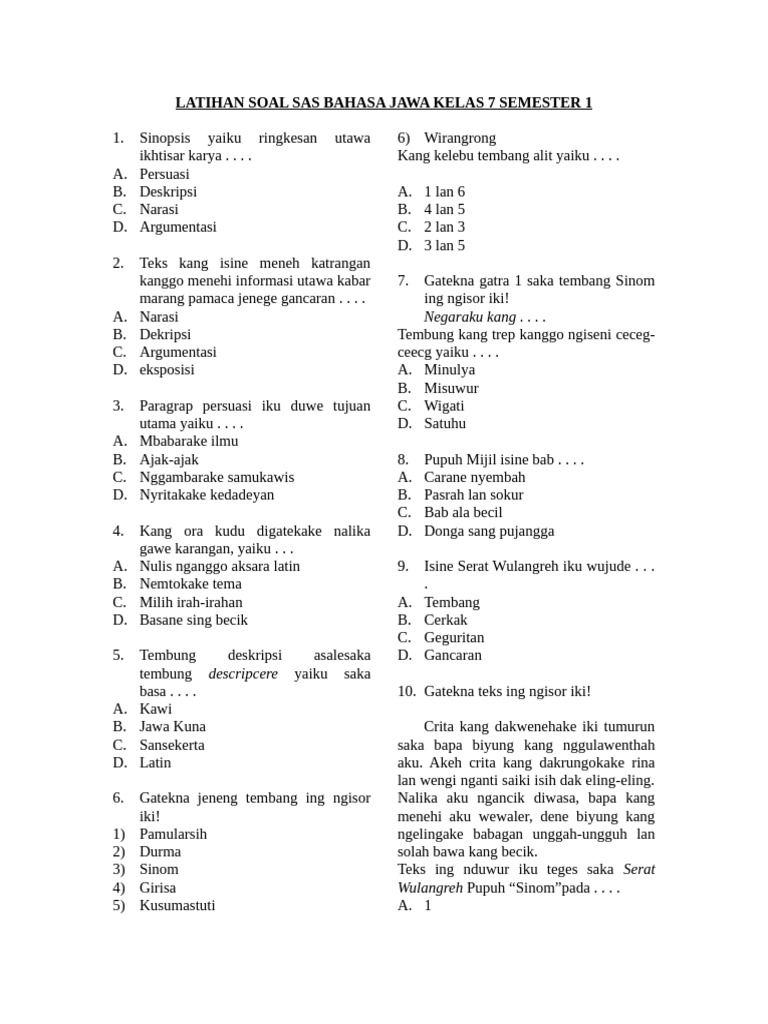 Latihan Soal Sas Bahasa Jawa Kelas 7 Semester 1 | PDF