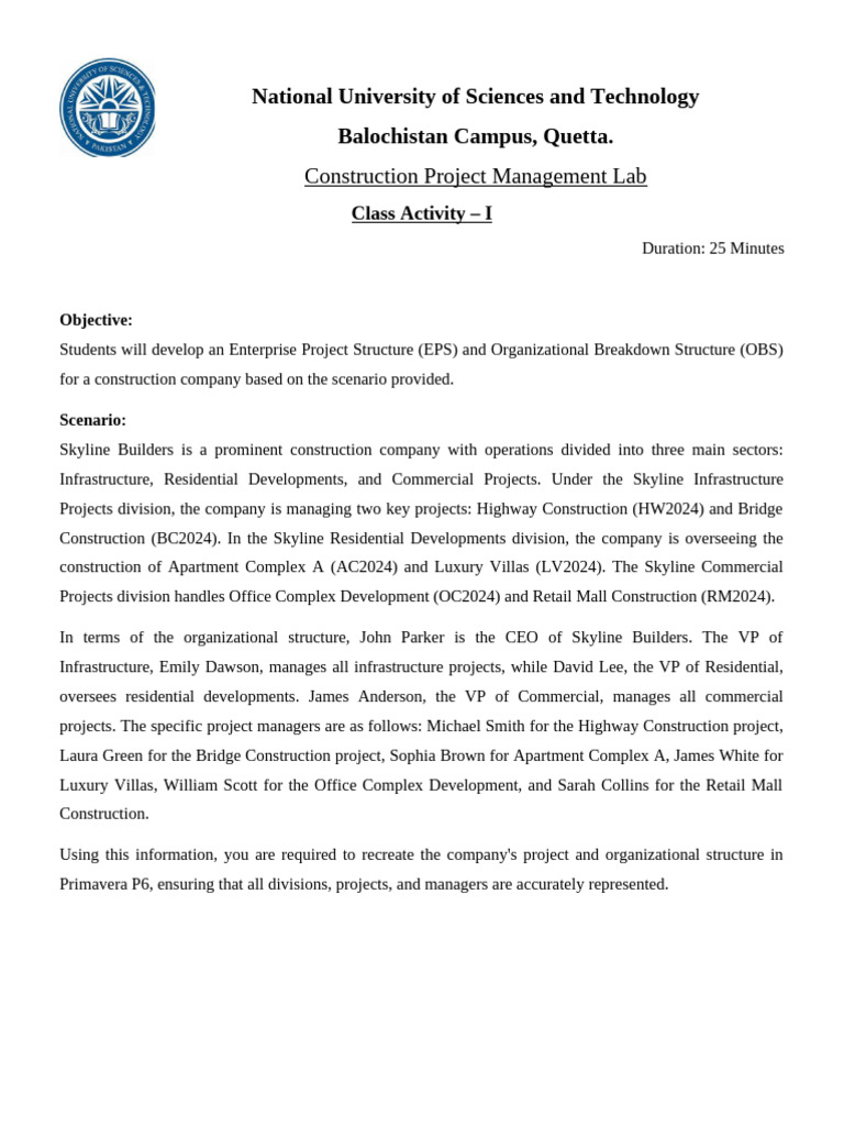 Class Activity I - Primavera P6 - EPS & OBS Creation | PDF