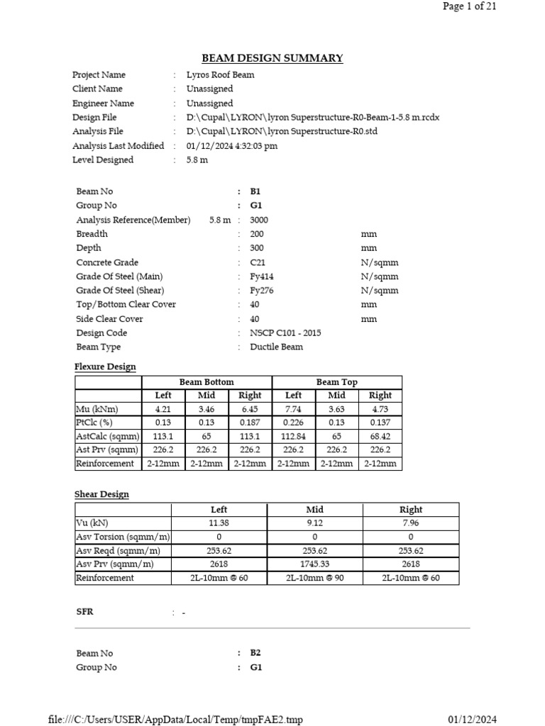 Lyron Roof Beam Design Summary | PDF | Beam (Structure) | Bending