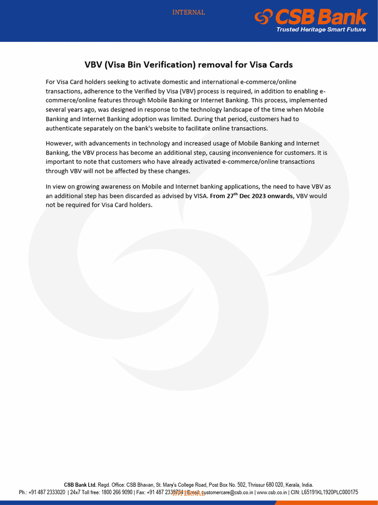 VBV Removal For Visa Debit Cards 27122023 | PDF