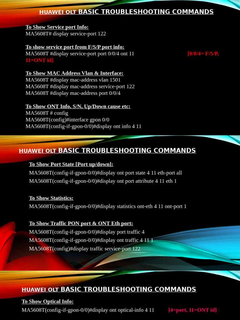 GPON Huawei OLT Basic Troubleshooting Commands | PDF | Computer Engineering | Internet Protocols