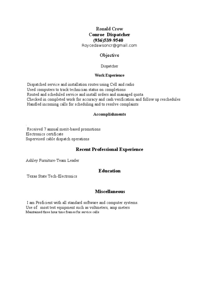 Dispatcher Resume of Ronald Crow | PDF