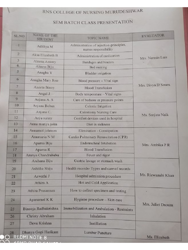 1st BSC Semester Class Presentation List | PDF