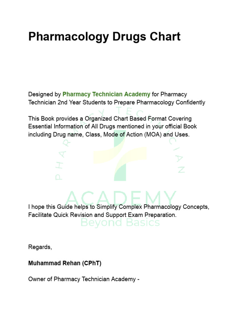 Pharmacology Drugs Chart by Pharmacy Technician Academy | PDF ...