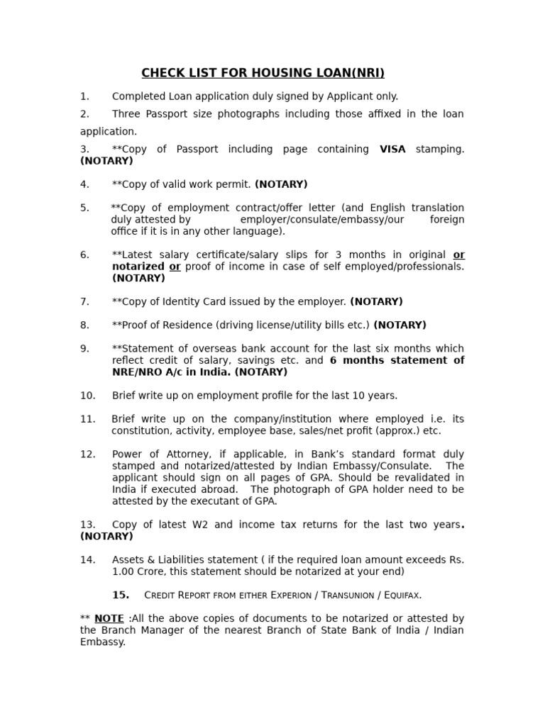 NRI Housing Loan Document Checklist | PDF