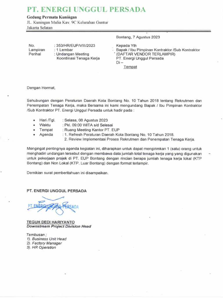 Undangan To Kontraktor Project EUP - Meeting Koordinasi TK 080823 | PDF