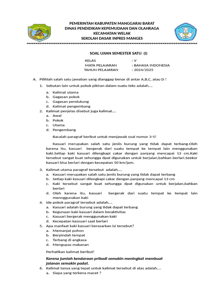 Soal US Bindo Kls 5 SMTR 1 2024-2025 - Siswa | PDF