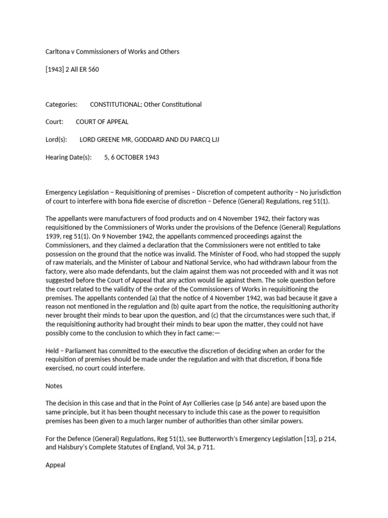 Carltona V Commissioner of Works | PDF | Complaint | Appeal