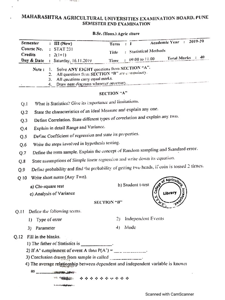 Stat-231 (2019-20) Model Answer Paper (1) | PDF