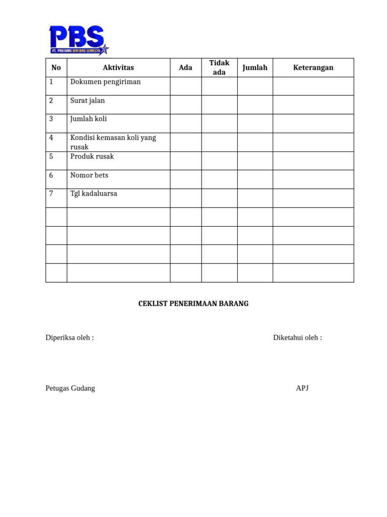 Form Ceklist Penerimaan Barang | PDF
