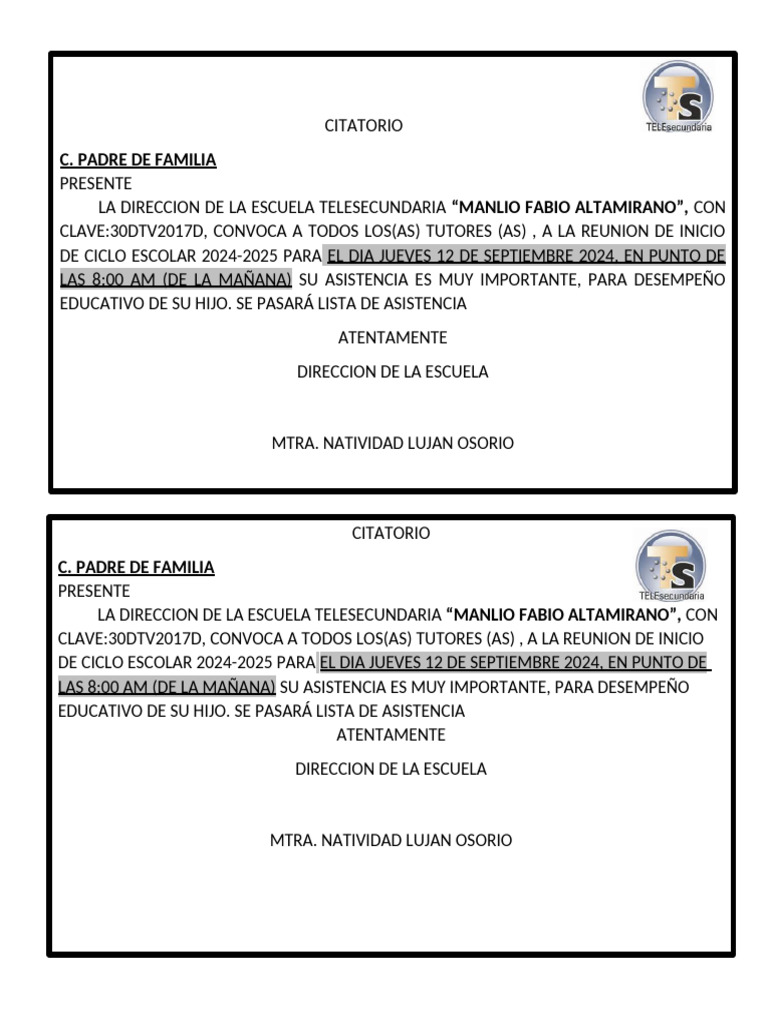 Citatorio a Reunión Escolar 2024-2025 | PDF