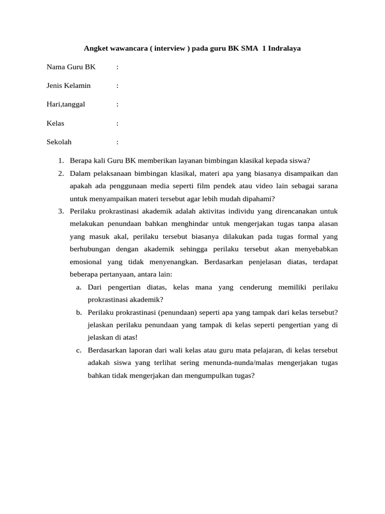 Contoh Angket Wawancara | PDF