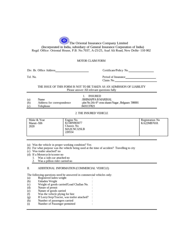 Oriental Motor Claim Form Submission | PDF | Driving | Land Vehicles