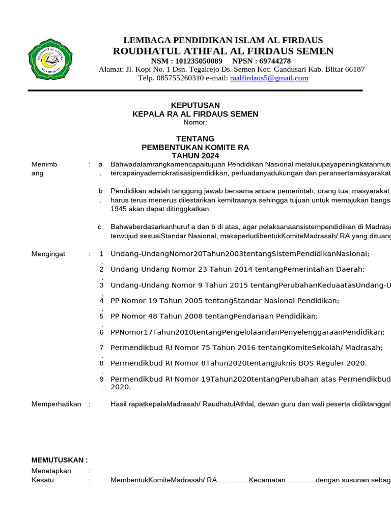 Contoh SK Komite Madrasah RA | PDF
