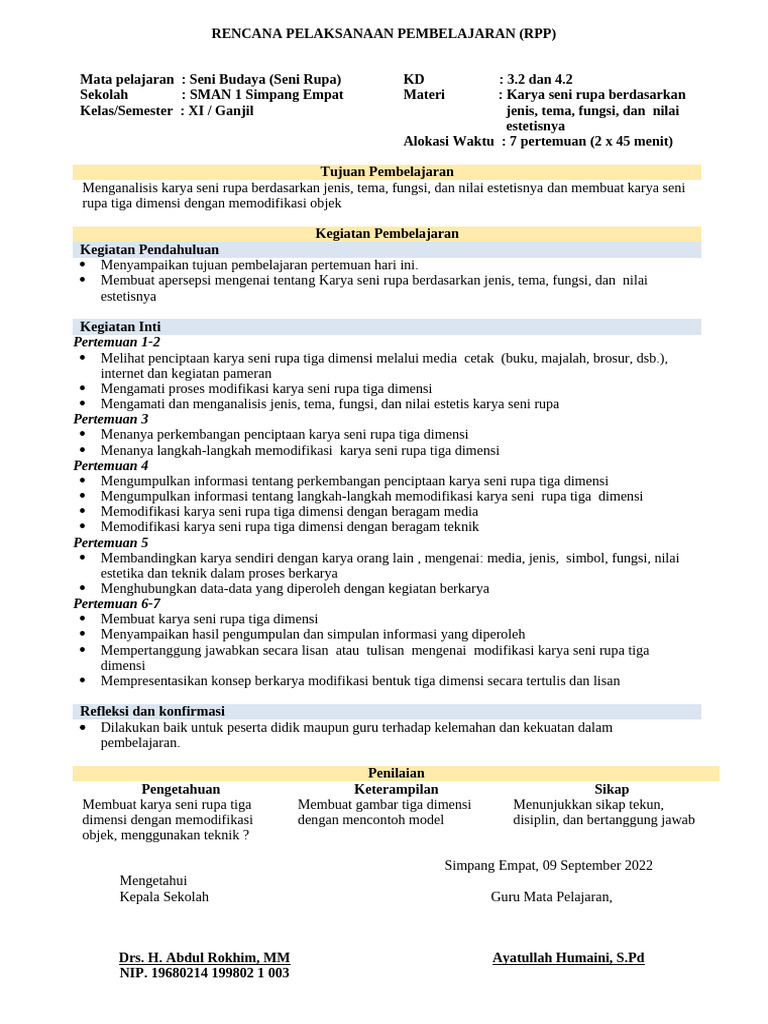RPP Karya Seni Rupa Berdasarkan Jenis, Tema, Fungsi, Dan Nilai ...