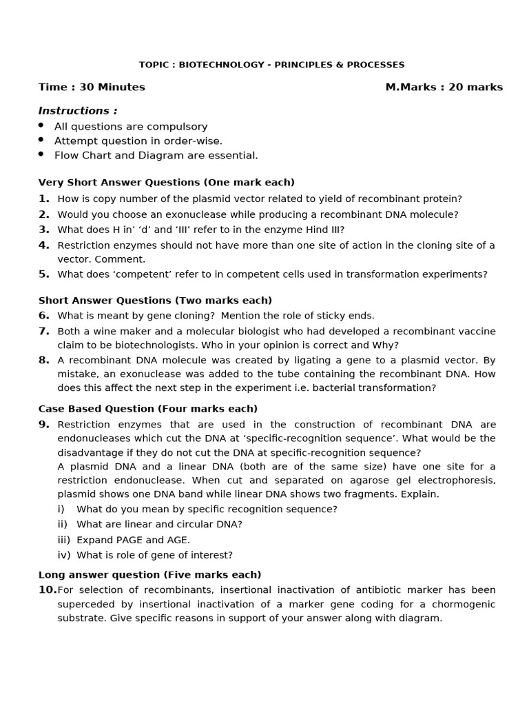 Biotechnology Principles & Processes Exam | PDF